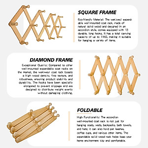 wekiweyi Expandable Accordion Wall Rack – 13 Hook Wooden Coat & Hat Rack, Multi-Functional Beech Wood Hanger for Hats, Coats, Coffee Mugs, and More, Rustic Natural Finish