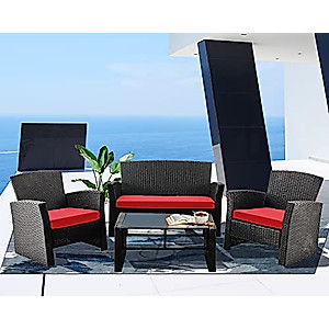 Leasbar Outdoor Patio Furniture Set 4 Pieces Outdoor Patio Conversation Set All-Weather PE Rattan Wicker Sectional Conversation Sofa with Coffee Table for Porch Deck(Red)