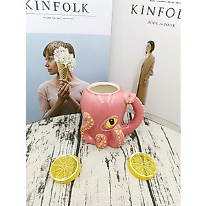 GLDOGO 3D Pink Octopus Ceramic Mug,Novel Handmade Octopus Shaped Statue Cup,Festivals or Birthday Gifts for Coffee and Milk Tea Enthusiasts