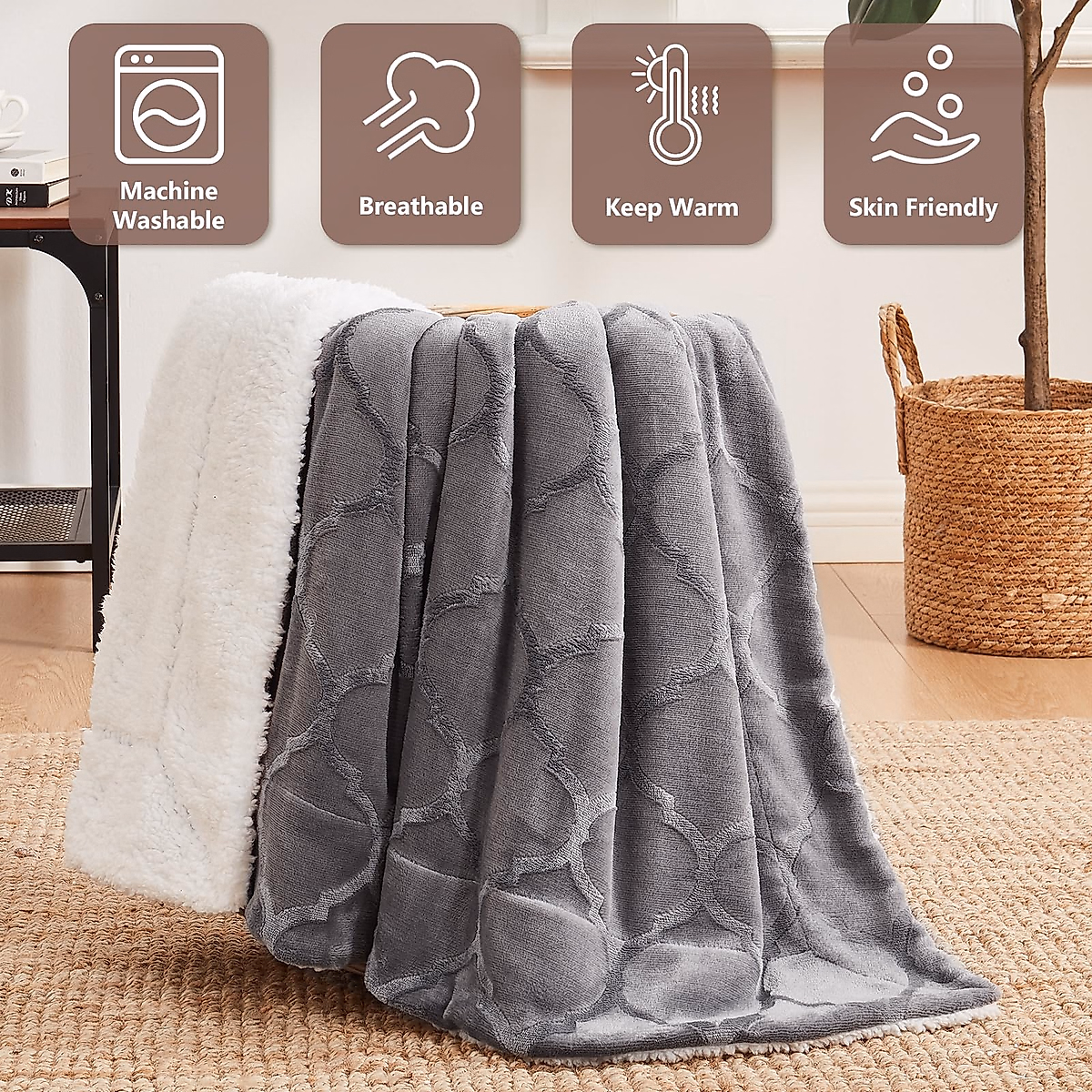 L'AGRATY Sherpa Throw Blanket - Plush Blanket for Bed - 50"x60" Soft Fleece Blanket - Comfy Fluffy Blanket for Chair and Couch - Warm Fuzzy Blanket for Gift(Light Grey)