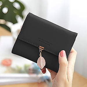 CALIYO Wallets for Women, Leaf Card Holder Trifold Small Wallets for Women , Silm Wallets Zipper Coins Pocket with ID Window,Black