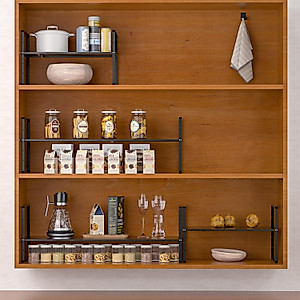 GEDLIRE Expandable Kitchen Cabinet Shelf Organizers 2 Pack, Stackable Metal Pantry Storage Shelves Rack, Adjustable Counter Shelf for Cabinets, Countertop, Cupboard Organizers and Storage, Black