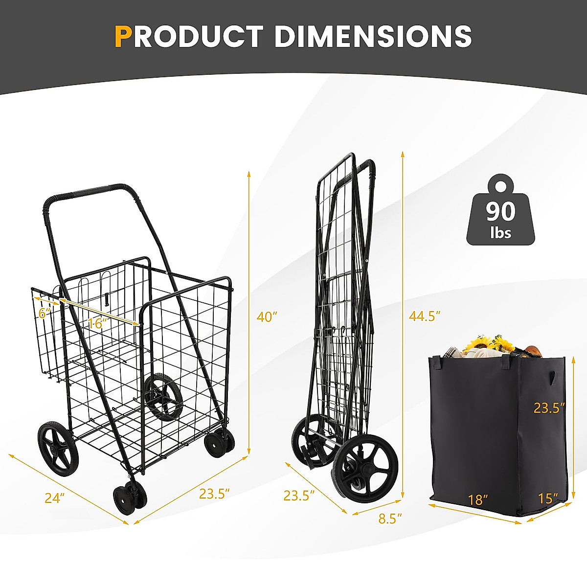S AFSTAR Shopping Cart with Oxford Liner Bag, 27 Gal Folding Grocery Cart on Wheels, Double Basket, 330 LBS Weight Capacity, Portable Granny Cart Shopping Cart for Market Laundry (Black)