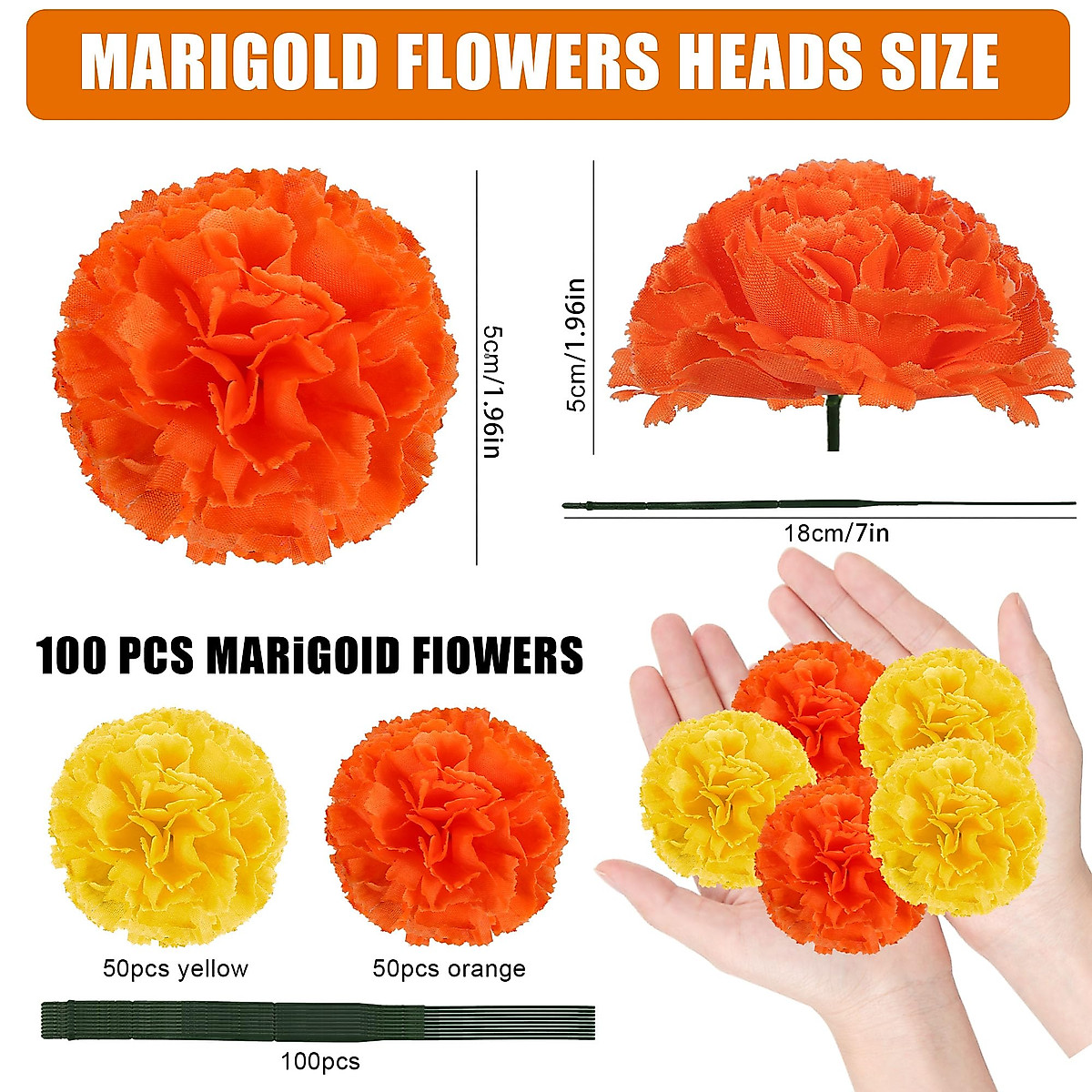 100PCS Artificial Marigold Flowers Heads Silk Orange Yellow Flower for Dia De Los Muertos Day of The Dead Diwali Home Decor Indian Theme Weddings DIY Wreath Garland Decoration