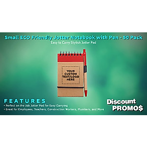 DISCOUNT PROMOS 50 ECO Jotters with Pen Set - Customizable Text, Logo - Recycled Paper, 3 x 5 inches, Minimalist, Handy - Red