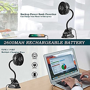 Clip on Fan Usb Mini Fan Battery Operated Desk Fan with Emergency Power Bank, Baby Stroller Fan Rechargeable Personal Fan Flexible Neck 3 Speeds Great for Beach Car Camping Dorm Bed Office-Black