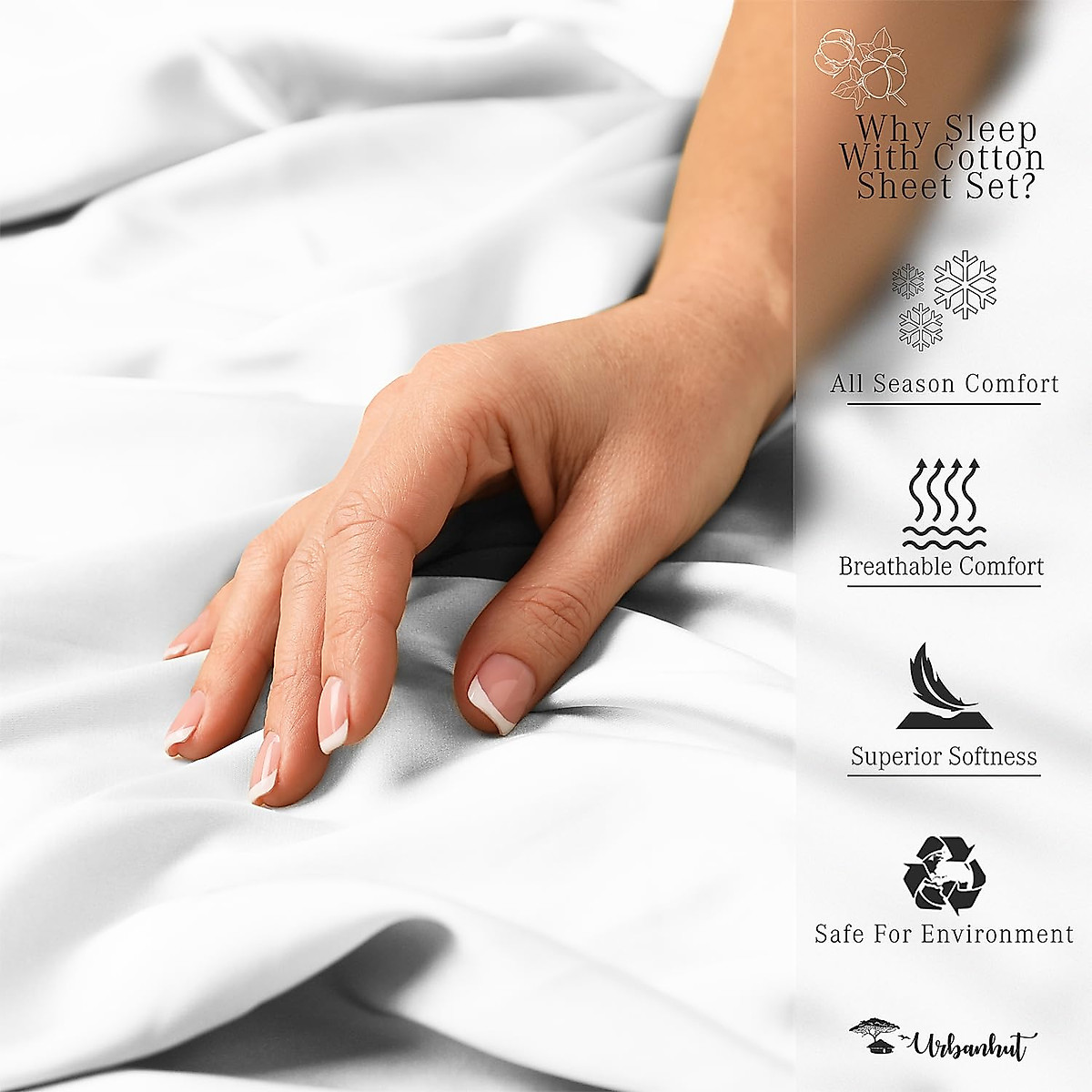 URBANHUT 800 Thread Count Egyptian Cotton Sheets King Size, Long Staple Bed Sheets, 4 Pc Bed Sheet Sets for King Size Bedding, Sateen Weave Luxury Hotel Bed Sheets Fits 16" Deep Pocket - White