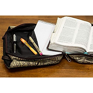 Dicksons Brown Purse Fashion Jacquard Fabric Zippered Bible Cover Case with Shoulder Carry Handles, Large