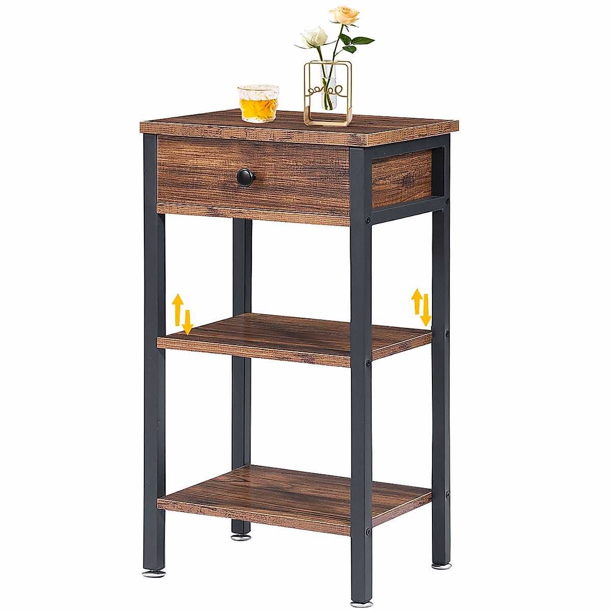 VECELO Tall End Side Table,Nightstand with Adjustable Shelf and Bin Drawer for Living Room/Bedroom/Entryway Small Spaces