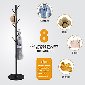 Tenkovic Metal Coat Rack Freestanding Satin Steel With Stable Marble Base,High-Grade With 8 Hooks Metal Coat Hat,Hall Tree for Hanging Clothes, Bags, Hats, Bedroom(Black)
