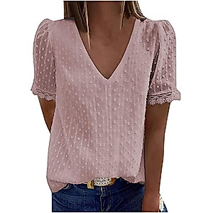 Women Lace Tunic Tops to Wear with Leggings Casual Solid Short Sleeve V-Neck Lace T-Shirt Blouse Tops Pink