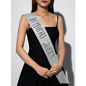 SWEETV Birthday Crowns for Women Silver Birthday Queen Sash and Tiara Set Rhinestone Princess Headband for Birthday Party Photograph