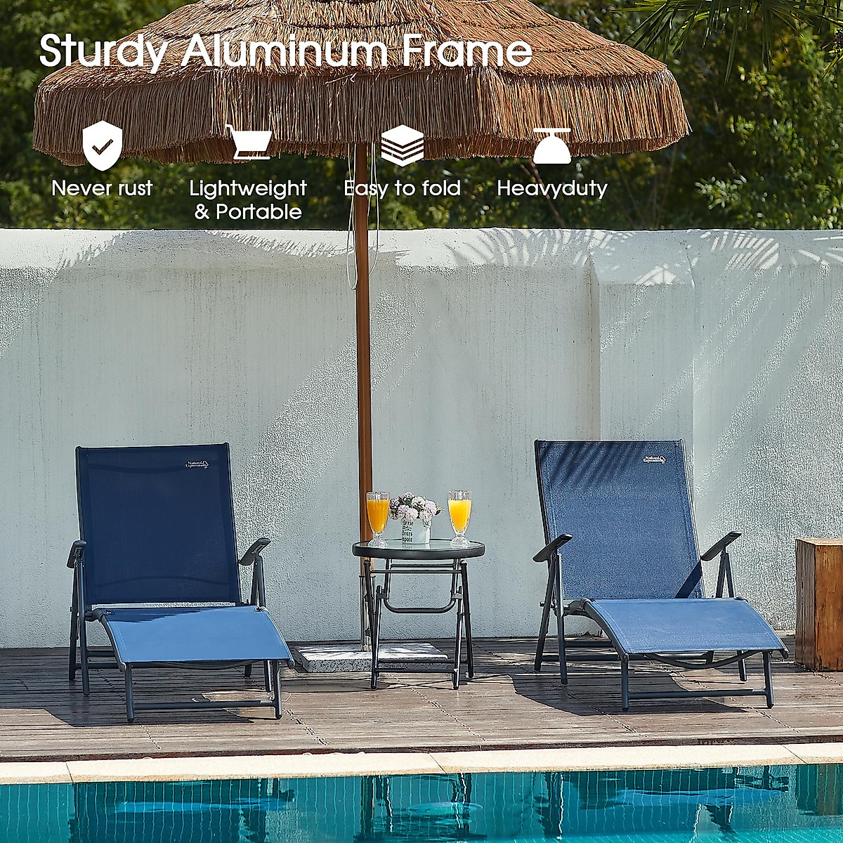 NATURAL EXPRESSIONS Chaise Lounge Outdoor, Aluminum Pool Lounger Chairs Portable Folding Patio Recliner Chair with 7 Position Adjustable Backrest for Beach, Backyard, Poolside,Lawn Supports 300 lbs