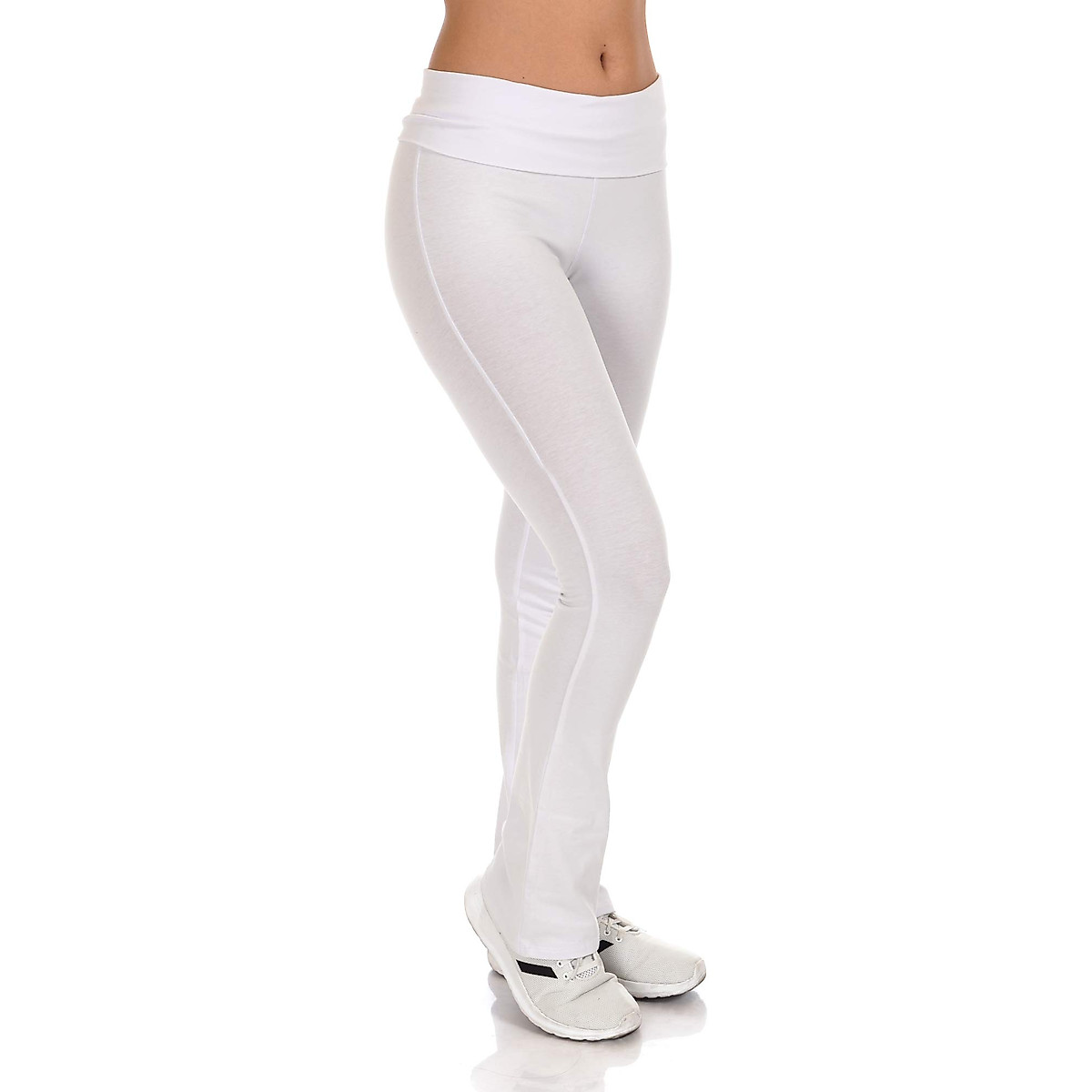 Simply Ravishing Cotton Fold Over Bootcut Yoga Pants (Size: XS-5X), Small, Ivory