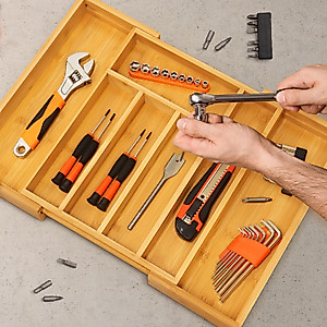 Mxbamhyc 2 Pack Silverware Organizer for Drawer,Bamboo Expandable Kitchen Flatware Organizer,Adjustable Utensil Cutlery Organizer/Holder.