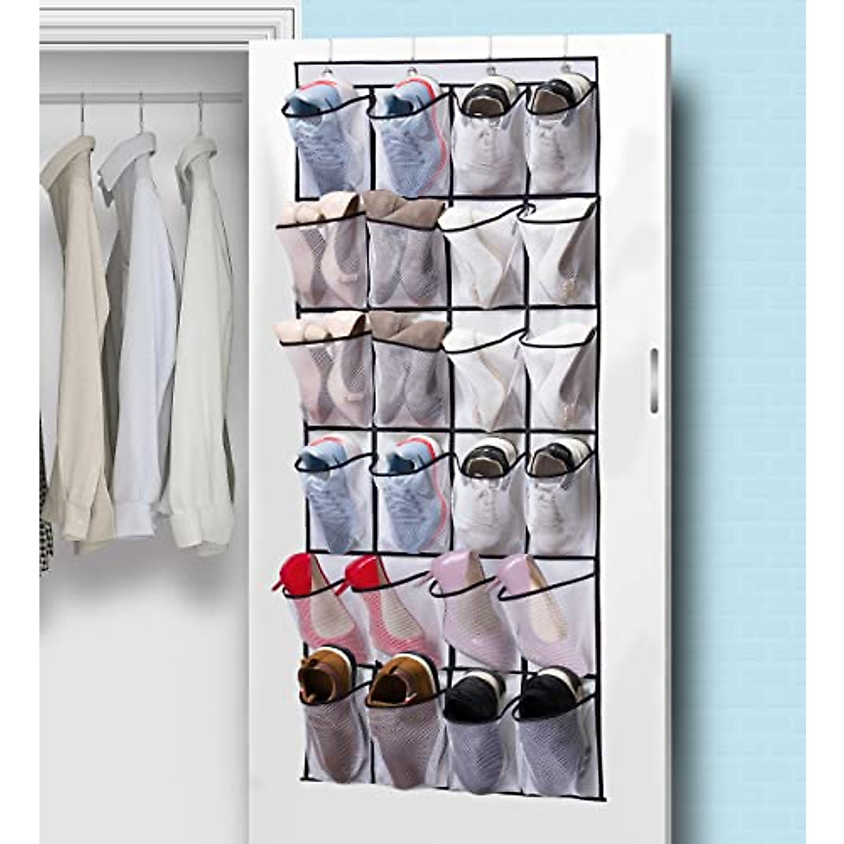 KIMBORA 2 Pack Over the Door Shoe Organizer 24 Large Mesh Pockets Hanging Shoe Holder Rack for Closet (white)
