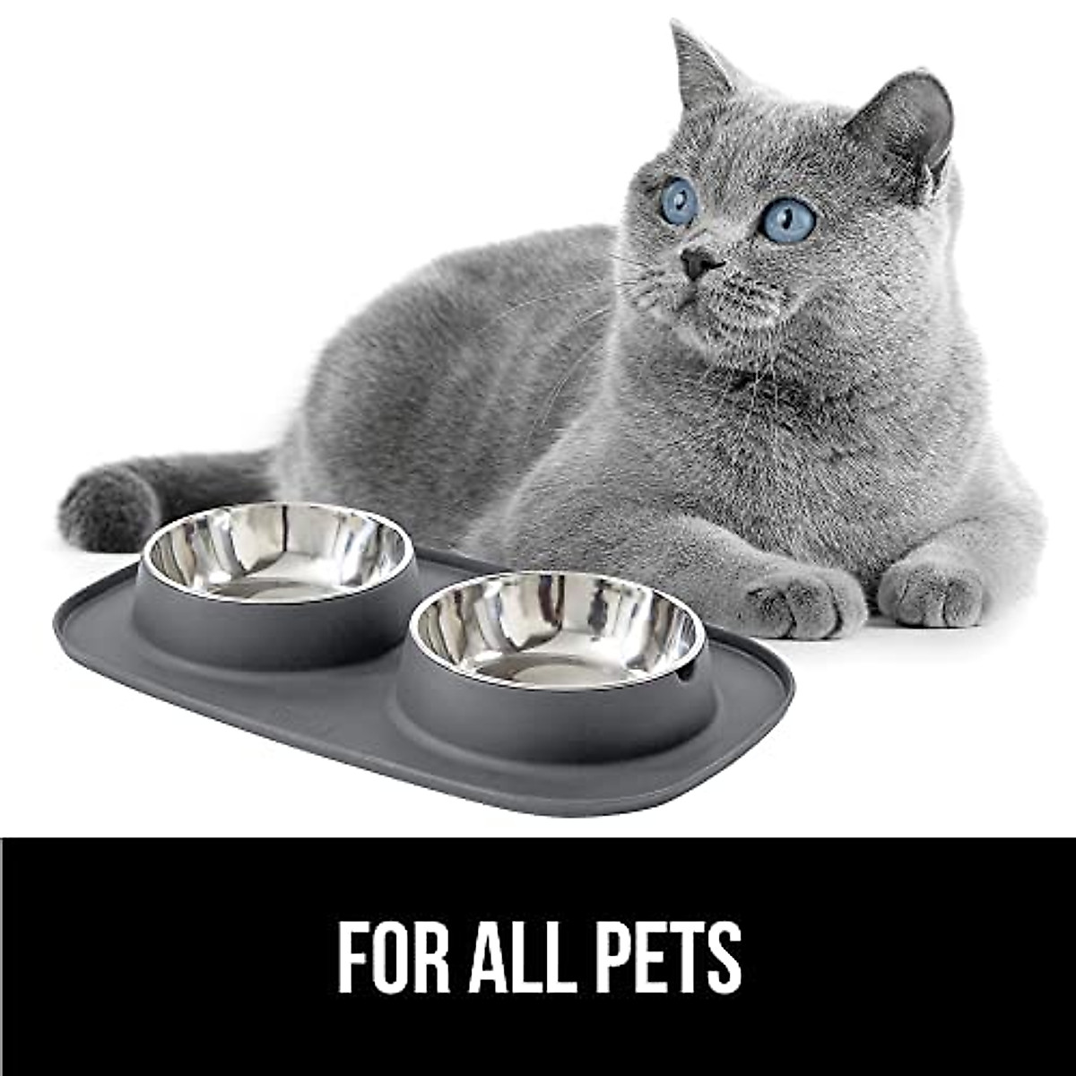 Gorilla Grip Slip Resistant Pet Bowls and Silicone Feeding Mat Set, Catch Water and Food Mess, Raised Edges for No Spills, Stainless Steel Cat and Dog Dish Bowl for Small and Large Pets, 2 Cups Gray