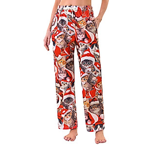 RAISEVERN Women Christmas Pajama Pants Cat Santa Hat Print Loose Ugly Xmas Sleep Bottoms Drawstring Wide Leg Pjs with Pockets Sleepwear M