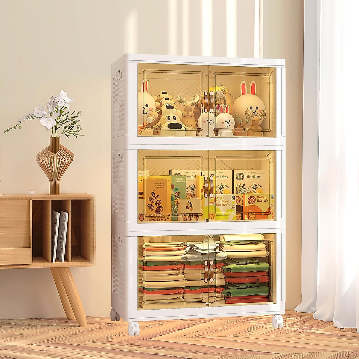 Jacriah Plastic Drawer Storage Bins with Lid, Stackable Storage Bins Open Front, Closet Organizers and Storage Cabinet with Doors and Shelves, Collapsible Storage Bins with Wheels (3 Layer-14 Gallon)