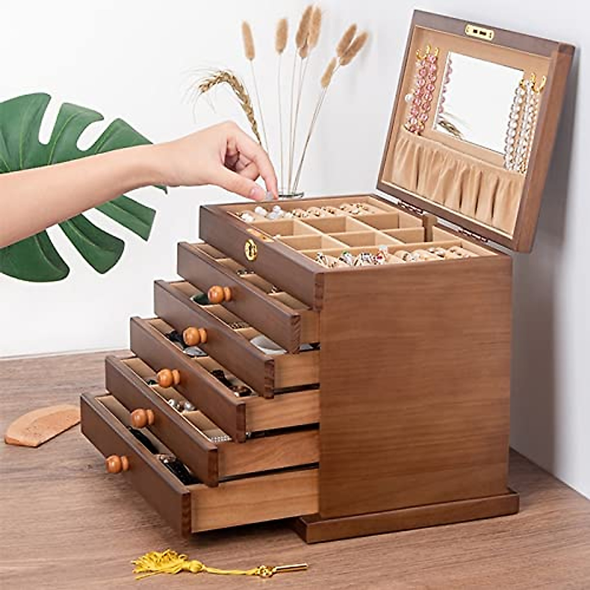 ZZYINH AN207 Solid Wood Six-Layer Jewel Box Large Capacity with Lock Retro Eardrop Earrings Necklace Jewelry Gift Small Jewelry (Color : Black)