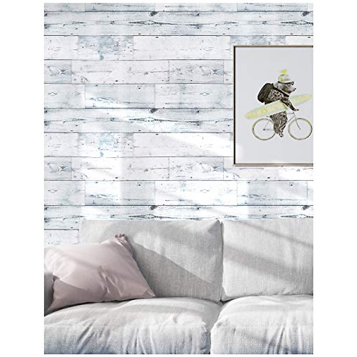 HAOKHOME MR47 Peel and Stick Wood Wallpaper Shiplap Light Grey/White/Blue Distressed Wood Plank Removable Shelf Liner Contact Paper 17.7in x 9.8ft