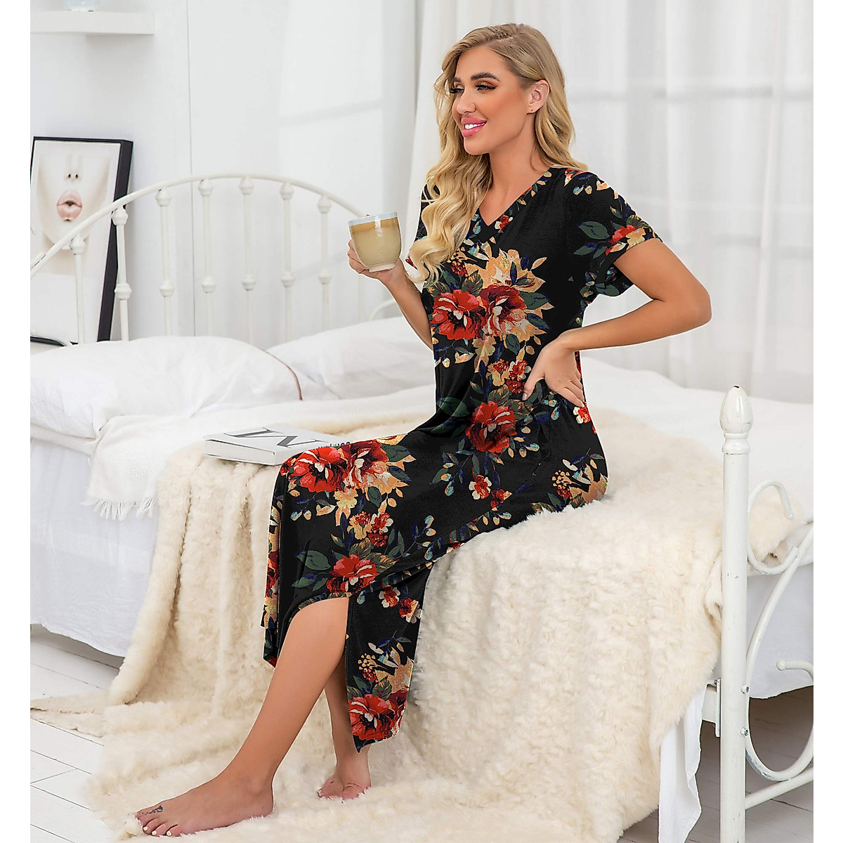 PrinStory Womens Long Nightgown Short Sleeve Nightshirt V-Neck Soft Loungewear Casual Sleepwear With Pockets FP-Brown Black-Large