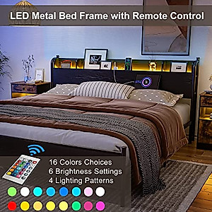 IKIFLY California King Bed Frame with Storage Shelf Headboard & Charging Station - Industrial Metal and Wood Cal King Platform Bed with LED Lights, No Noise, No Box Spring Needed - Black