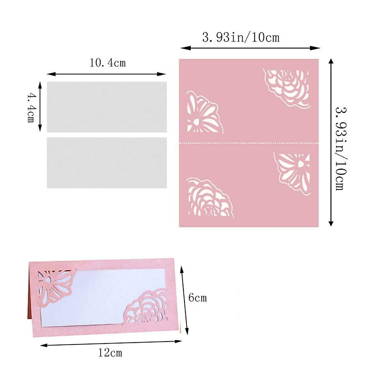 Laser Cut Rose Place Cards Pink Tented Name Card Folded Cards Blank Cardstock,Hollow Name Seat Card for Wedding, Banquet tables,Table Setting, Buffet, Baby Shower, Bridal Shower (50 Pcs)