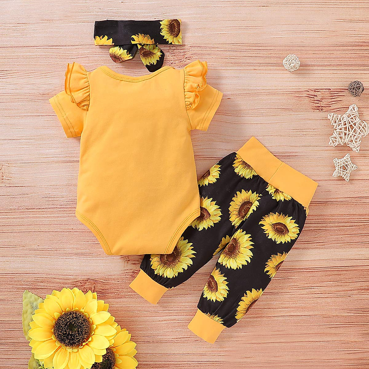 MIEKISA Baby Girls Newborn 3PCS Clothes Outfit Top Flower Printed T Shirt Pants Headband Bodysuit (Yellow, 0-3 Months(Tag 70))