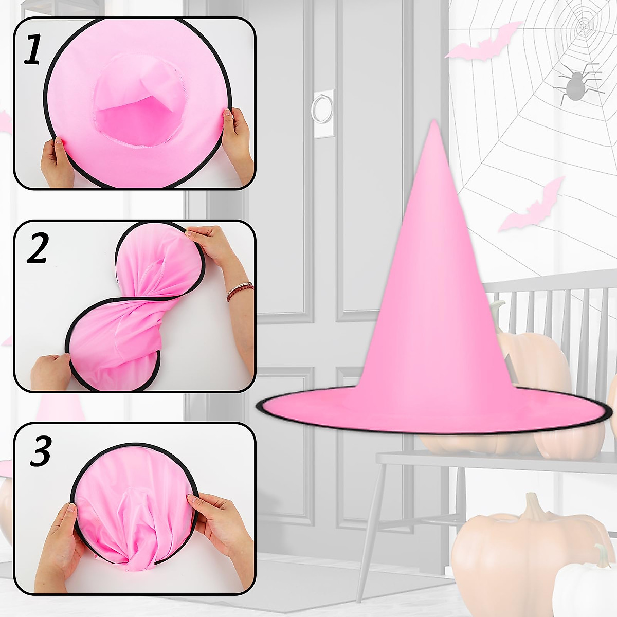 Whaline 14Pcs Halloween Pink Witch Hat with 109 Yards Hanging Rope 32Pcs 3D Bat Stickers Scary Witch Cap Halloween Hanging Decoration for Halloween Home Inside Outside Garden Yard Lawn Decoration