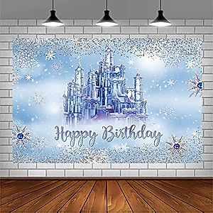 AIBIIN 7x5ft Winter Happy Birthday Backdrop for Baby Blue Winter Onederland Castle Glitter Snowflake Wonderland Photography Background Princess Prince Bday Party Decoration Banner Photo Booth Studio