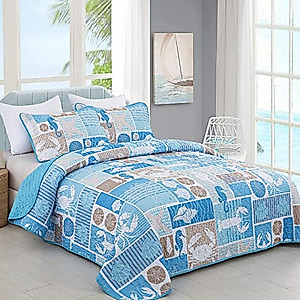 DJY Coastal Quilt Set King Coastal Blue Pattern Quilt Coverlet Set Soft Coastal Patchwork Bedspread with 2 Pillow Shams 3 Pieces Coastal Bedding Quilt Set for All Season 90"x 104"
