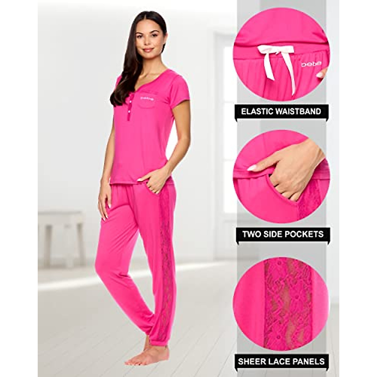 bebe Womens Pajama Sets - Short-Sleeve Pajamas for Women with Lace Accents - PJ Set for Women (Fuchsia, X-Large)