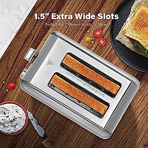 YSSOA 2-Slice Toaster with 1.5 inch Wide Slot, 5 Browning Setting and 3 Function: Bagel, Defrost & Cancel, Retro Stainless-Steel Style, Toast Bread Machine with Removable Crumb Tray, Silver