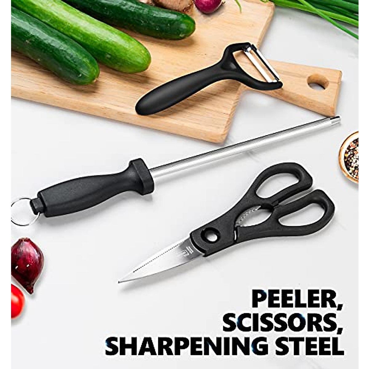MICHELANGELO Kitchen Knife Set with Block, Sharp Black Knife Set for Kitchen, 16 Piece Stainless Steel Cooking Knife Set with Sharpener, Includes Steak Knives Set, Chef Santoku Knives, Black