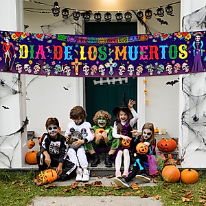 Dia De Los Muertos Decorations Day of the Dead Banner Yard Sign Backdrop Banner with Floral Sugar Skull for Indoor Outdoor Mexican Themed Party Halloween Decorations Supplies