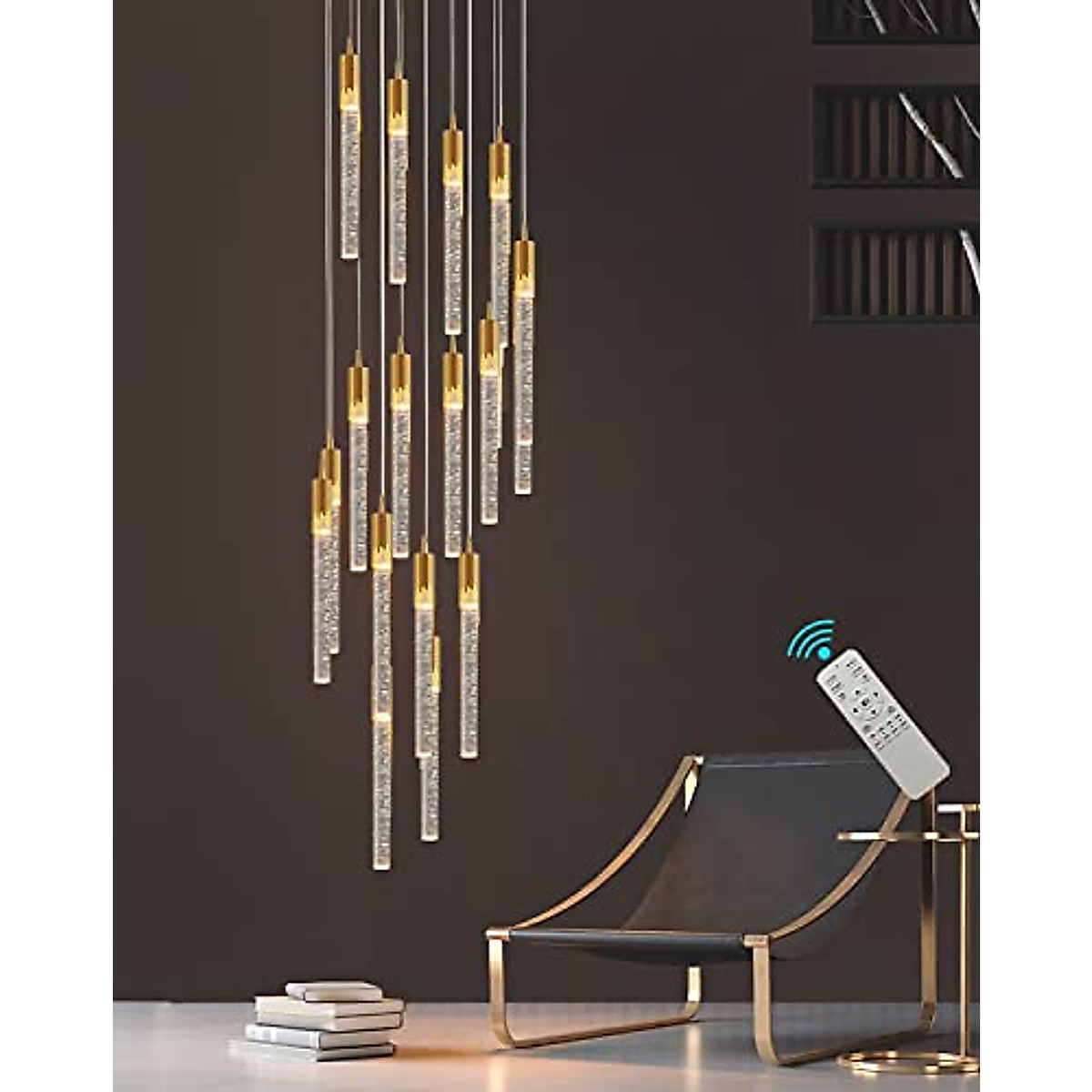 Flashing God H-11.5feet Staircase Crystal Chandeliers Modern 20-Lights Foyer Entrway Long Pendant Chandeliers High Ceiling Crystal Chandeliers with LED Dimmable 3000-6000K Lighting Fixture