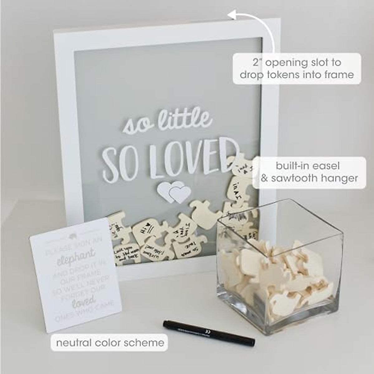 Pearhead So Little So Loved Wooden Elephant Token Frame, Little Wishes Signature Baby Shower Guestbook Alternative, Gender-Neutral Pregnancy Keepsake With 65 Signature Tokens and Pen, Gray and White