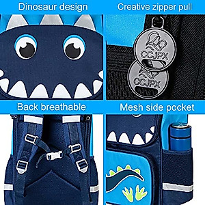 KLFVB 3PCS Boys Backpack, 15" Dinosaur Bookbag with Lunch Box, Kids Preschool School bag for Elementary Students - Blue