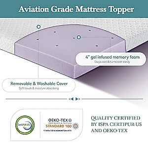 HOOMIC 4 Inch Short Queen Memory Foam Mattress Topper, Lavender Cooling Gel Infusion, Removable Bamboo Cover, Diamond Grid Pattern, CertiPUR-US Certified, Purple