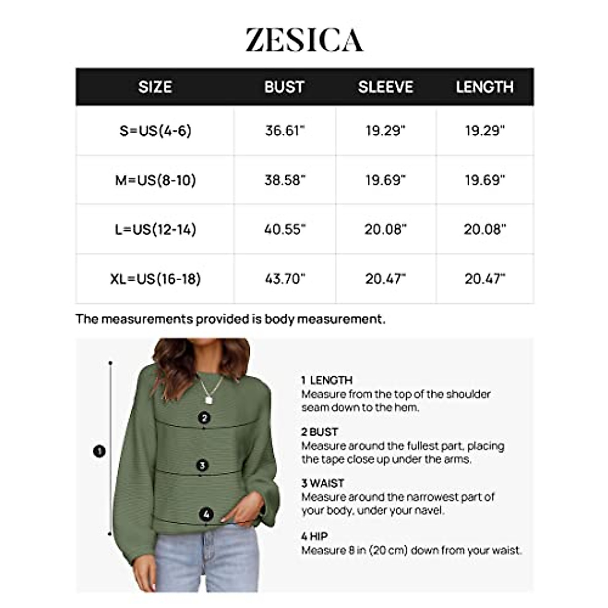 ZESICA Women's 2023 Crew Neck Long Lantern Sleeve Casual Loose Ribbed Knit Solid Soft Pullover Sweater Tops,ArmyGreen,Medium