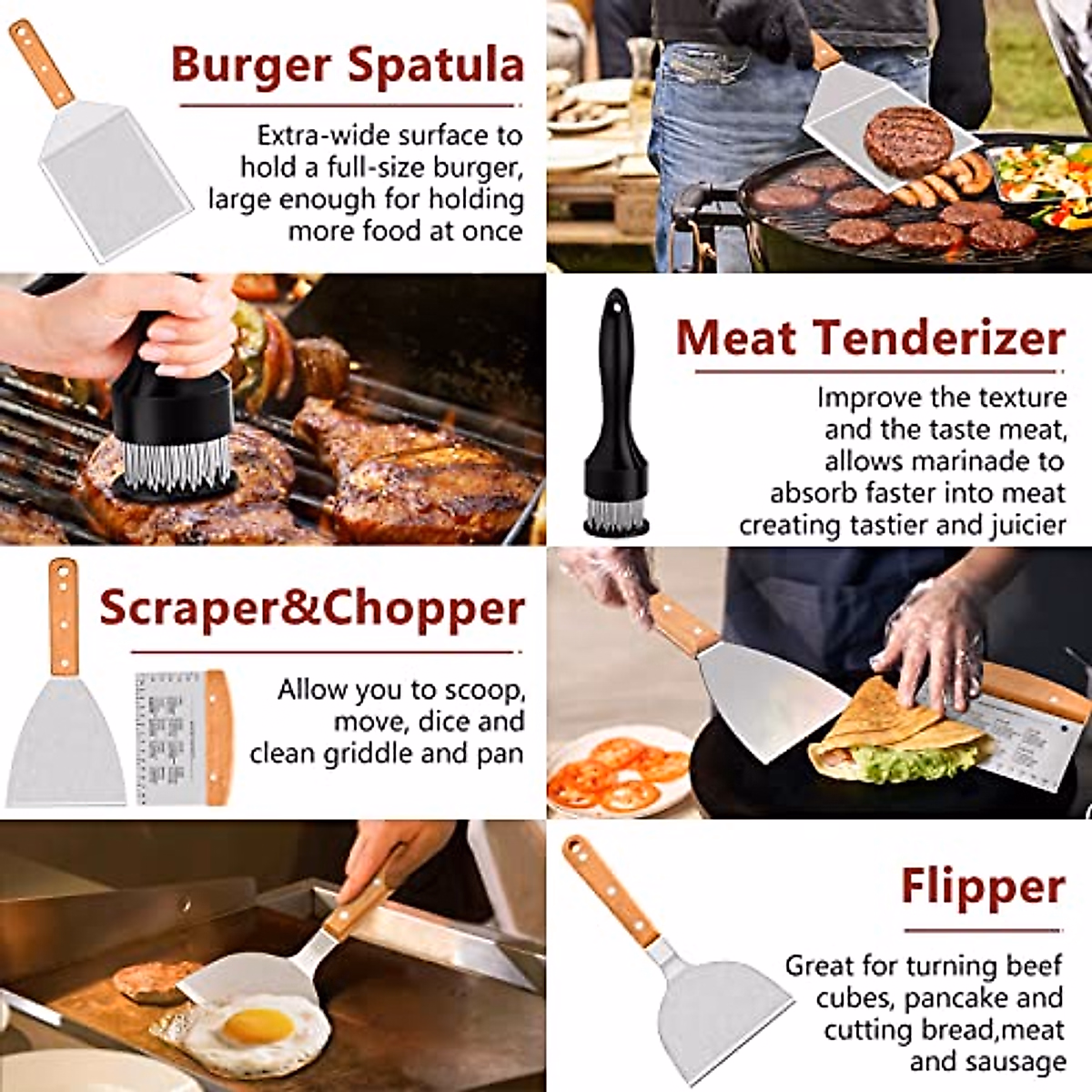 21Pcs Griddle Accessories Kit, Leonyo BBQ Flat Top Grill Accessories, Outdoor Camping Stainless Steel Metal Spatula Tools Set with 12" Melting Dome, Bacon Press, Burger Patty Maker, Meat Tenderizer