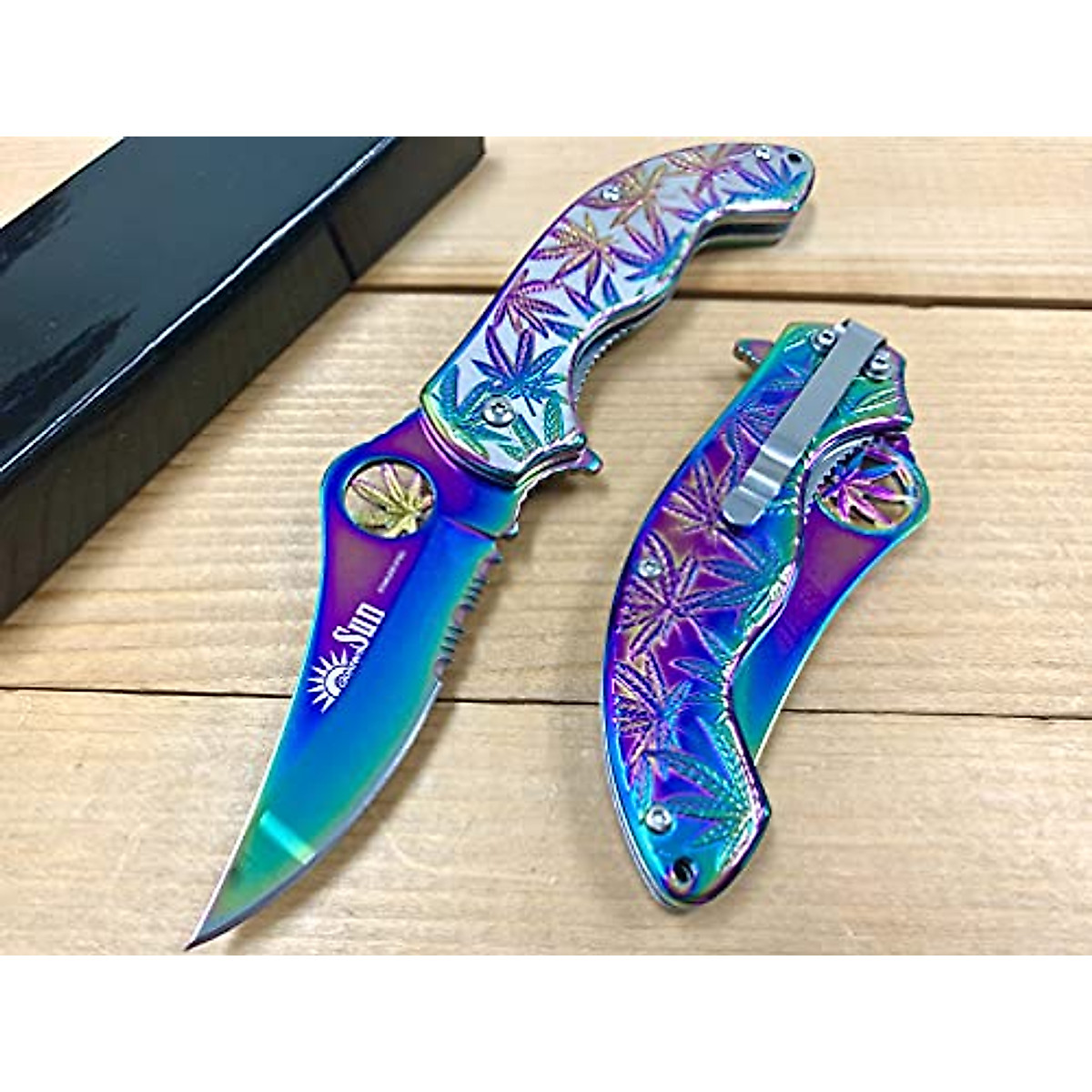 Super Knife 7.5" Rainbow Leaf Spring Assisted EDC Folding Lexury Pocket knife