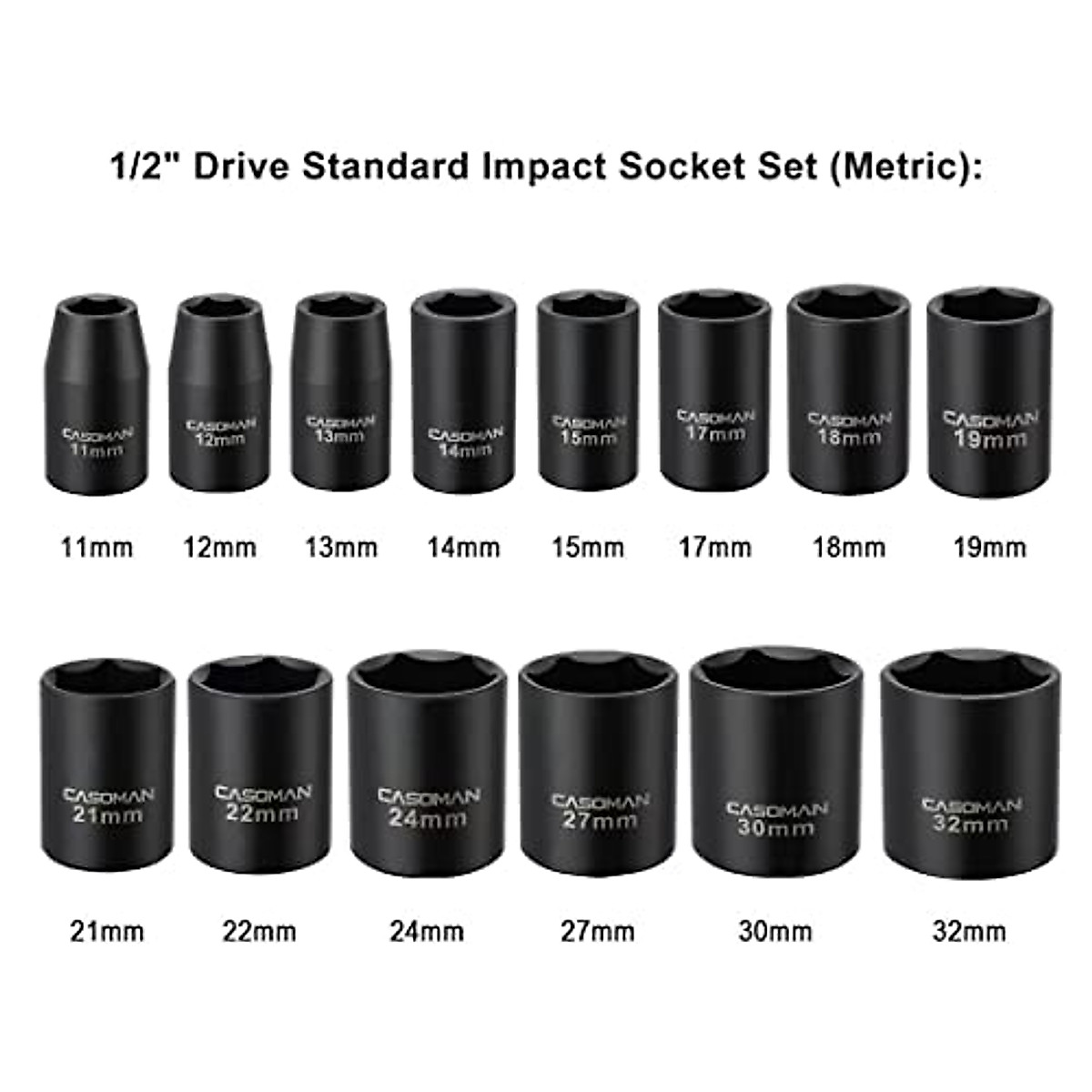 CASOMAN 14 Pieces 1/2-Inch Drive Shallow Impact Socket Set, Metric, 6-Point, 11mm to 32mm