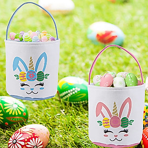 SHOKUTO Easter Bunny Basket Bags, 2Pcs - Polyester, Cotton, Multicolor, Round, 9"x 9"x 10"