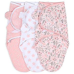 The Peanutshell Swaddle Blankets for Baby Girls, Pink Floral & Stars, 3 Pack Wrap Set, 2 Sizes (Small/Medium)