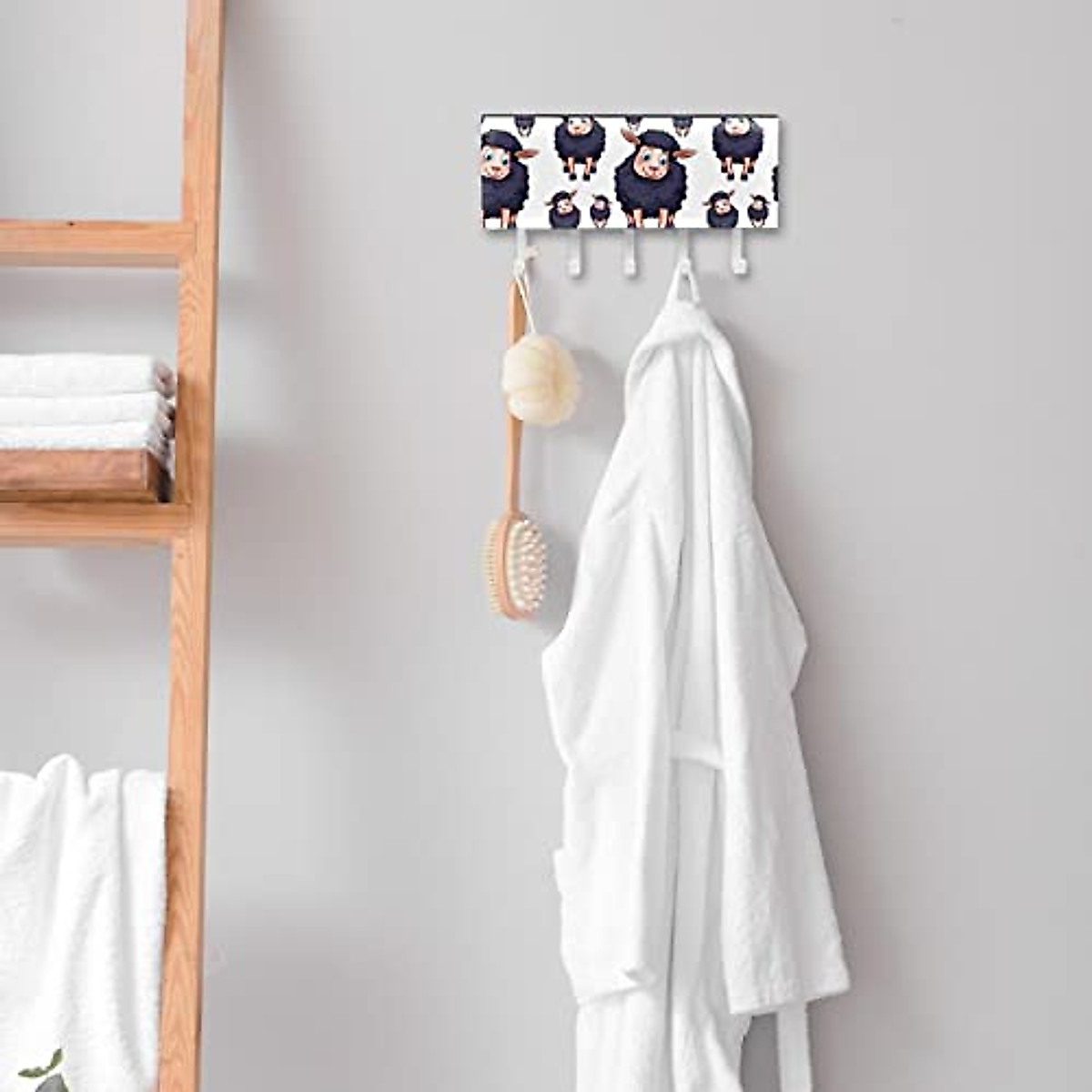 Cute Cartoon Sheep Pattern Rack Organizer with 5 Hooks Wall Bathroom Kitchen Shelf Rack Multifunctional Storage Shelf