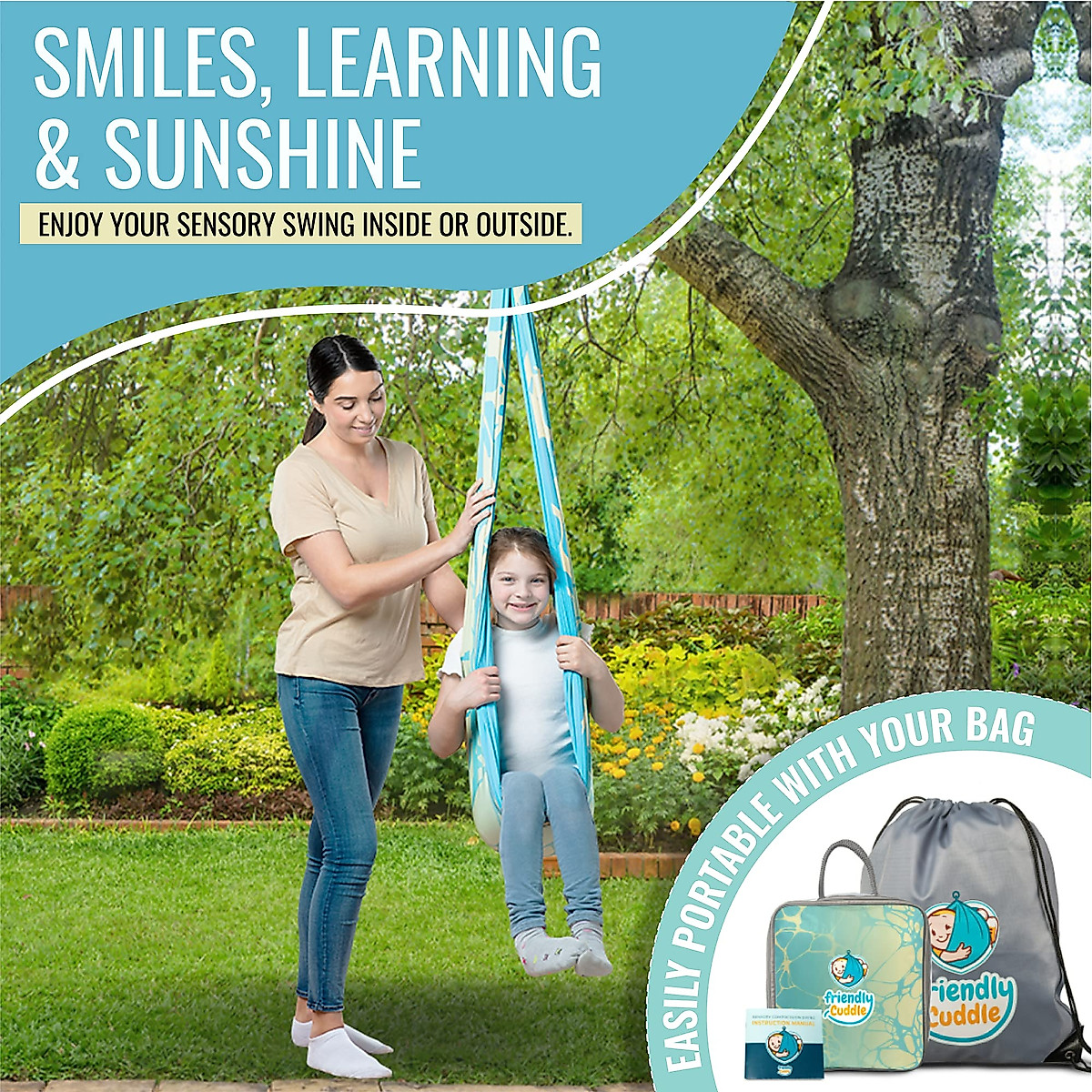 Indoor Sensory Swing for Kids or Outdoor – Holds 300lbs, Double-Layer, & 360° Swivel, Calming Compression Therapy Swing Hammock for Kids & Adults with All Hardware – Sensory-Motor Toys & Gifts