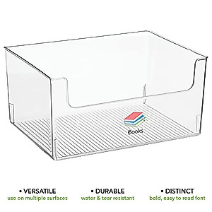 mDesign Plastic Open Front Wide Toy Storage Organizer Bin for Playroom, Nursery, Kids Closets; Holds Action Figures, Crayons, Building Blocks, Puzzles - Ligne Collection - 4 Pack + 24 Labels - Clear