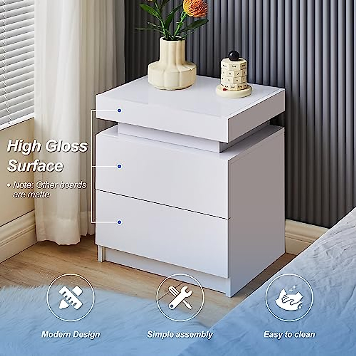 CLIPOP Modern Nightstand, LED Night Stand with 2 High Gloss Chest of Drawers, Bedside Table Cabinet with Remote Control Light, Wood Matte Nightstand 20.6" Tall Bedroom Furniture, White